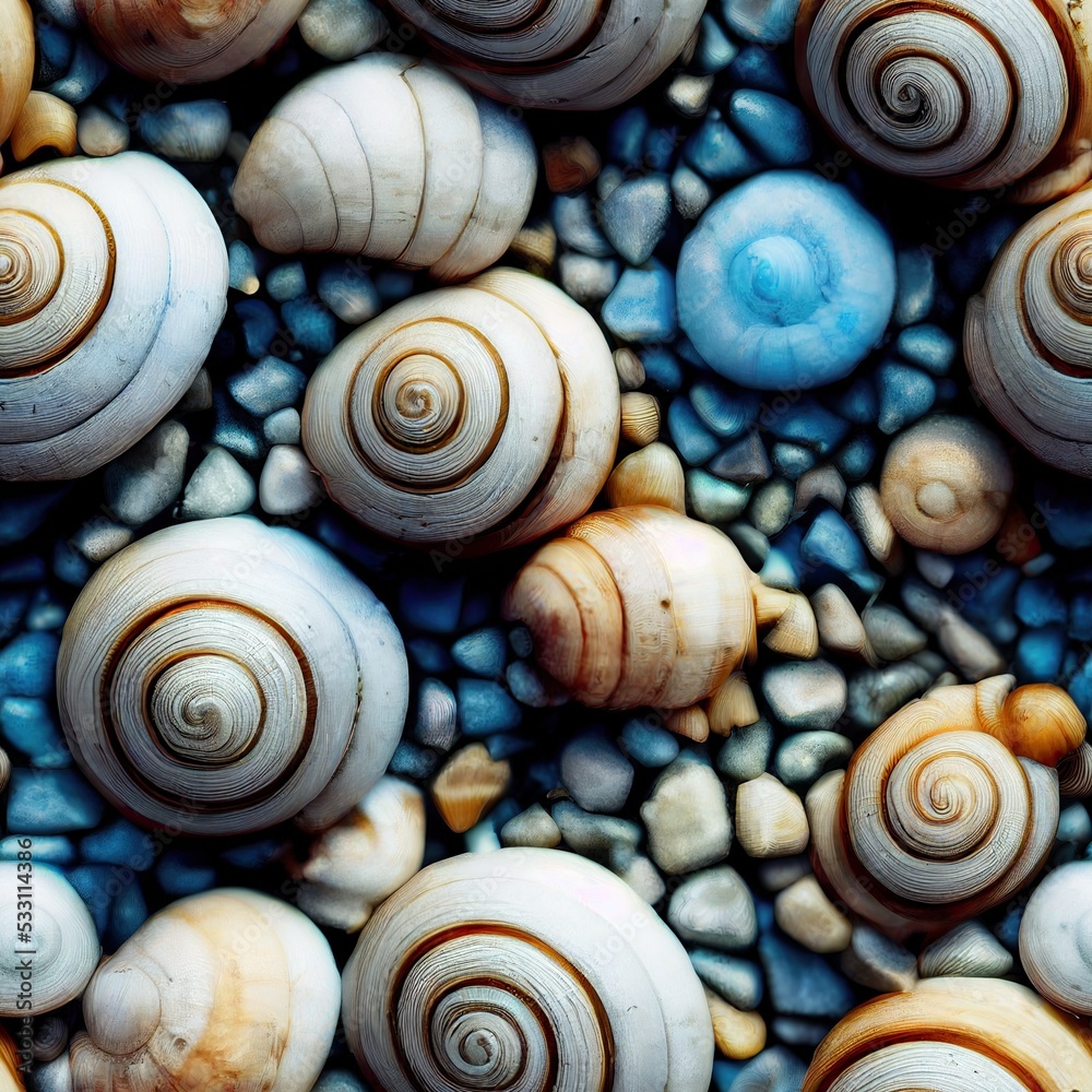 Snails on the sand as texture background and tile template. The close ...
