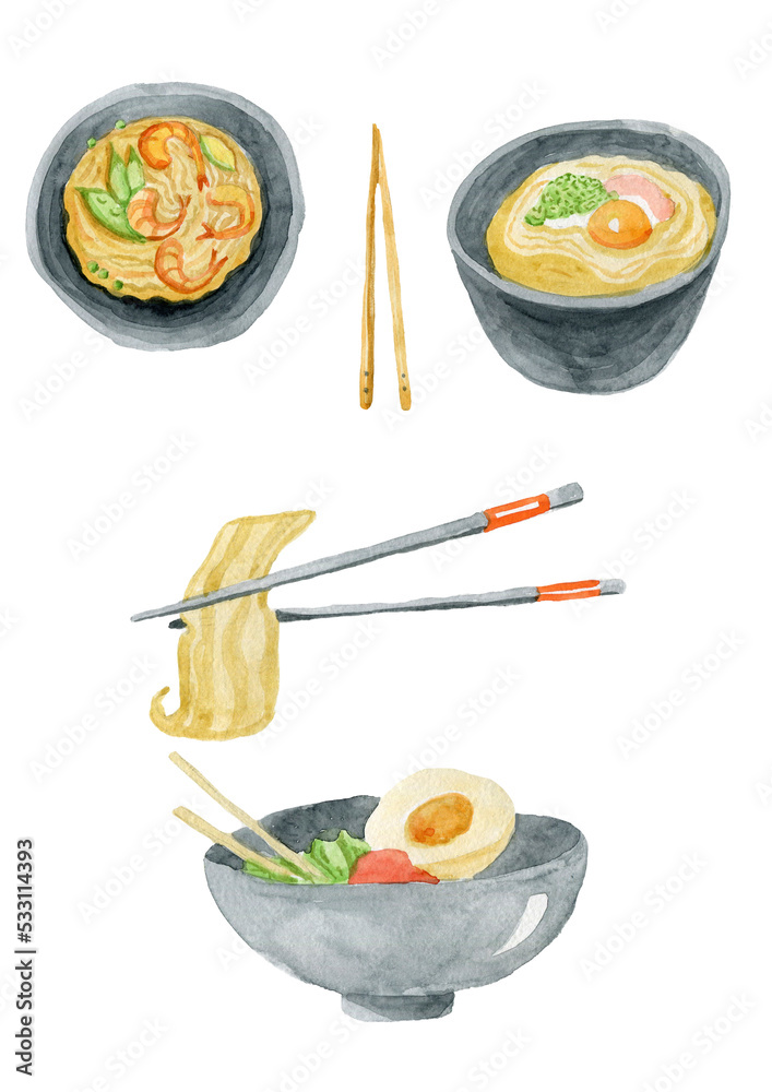 Asian Food, Hand Drawn Watercolor Illustration. Japanese Food ...