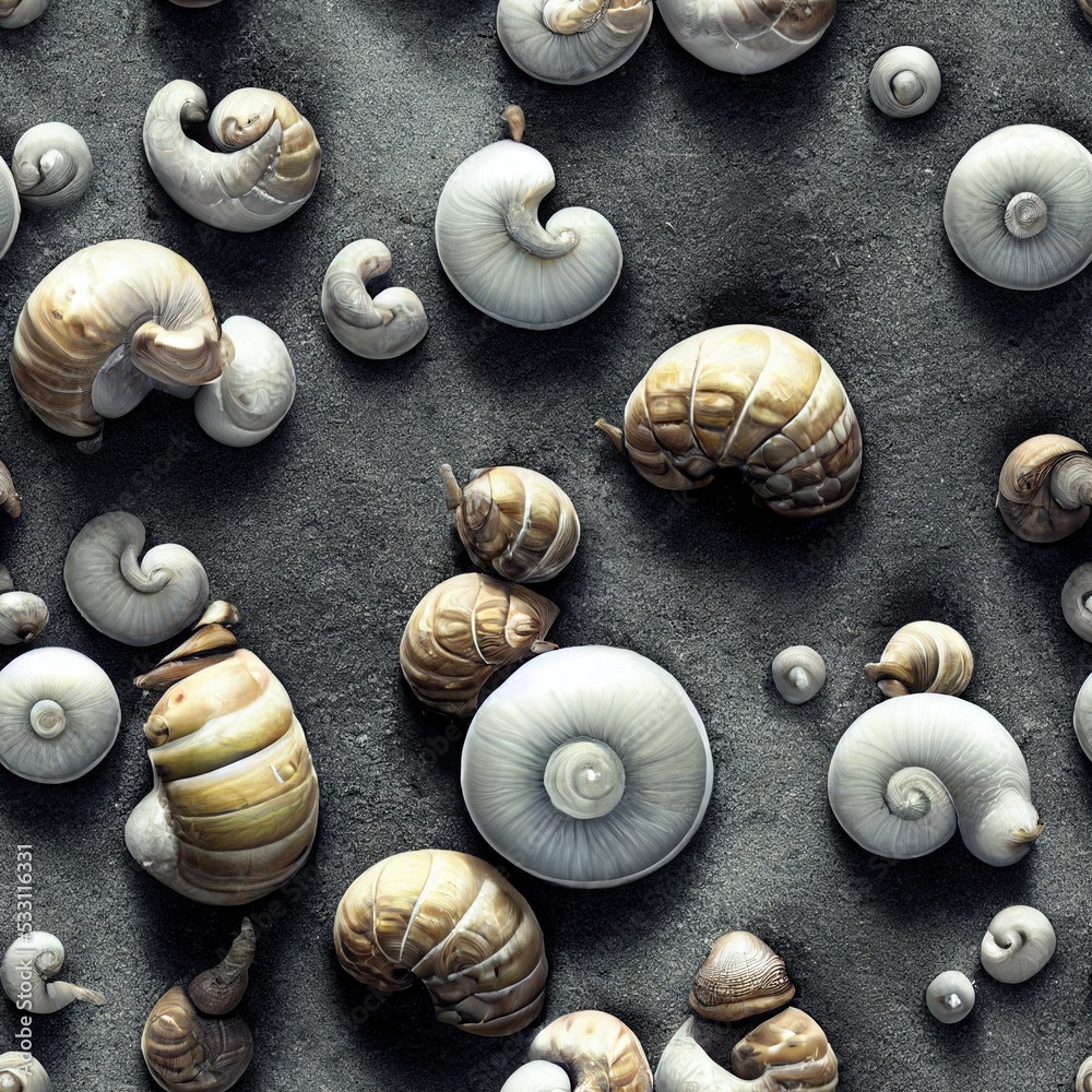 Snails on the sand as texture background and tile template. The close ...