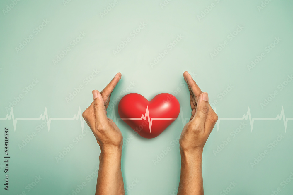 Medical red heart with cardiogram chart line in hand on a light green ...