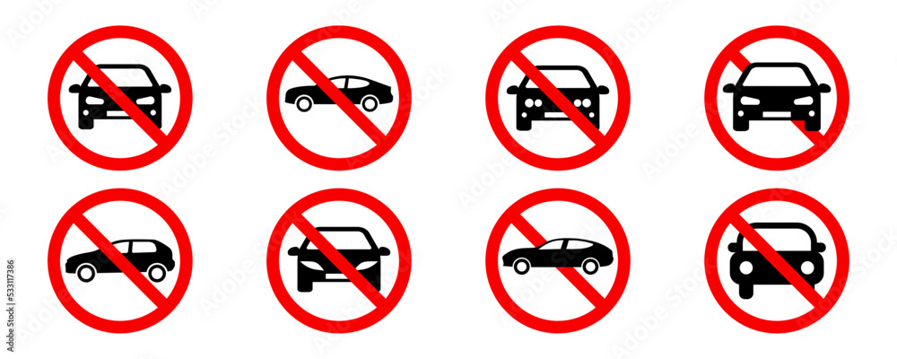 Set of no car signs. Red prohibited sign. Ban automobile. Prohibition ...