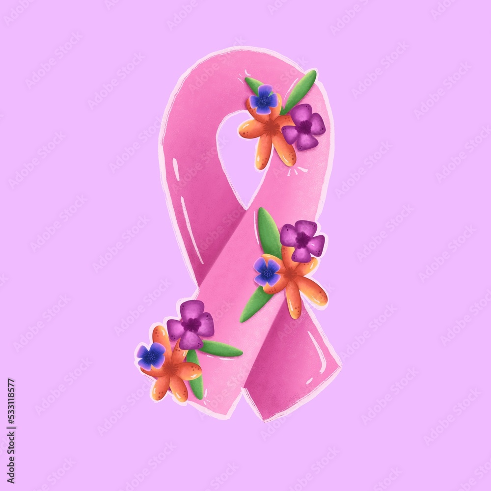 Lazo rosa con flores representando la lucha contra el cáncer de mama ...
