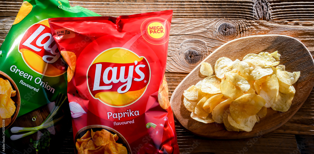 Composition with packets of Lays potato chips Stock Photo | Adobe Stock