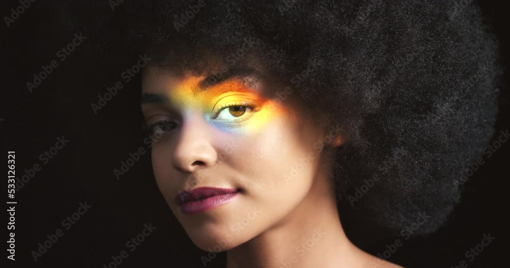 Vidéo Stock Lgbt rainbow light, black woman beauty and glowing skin ...