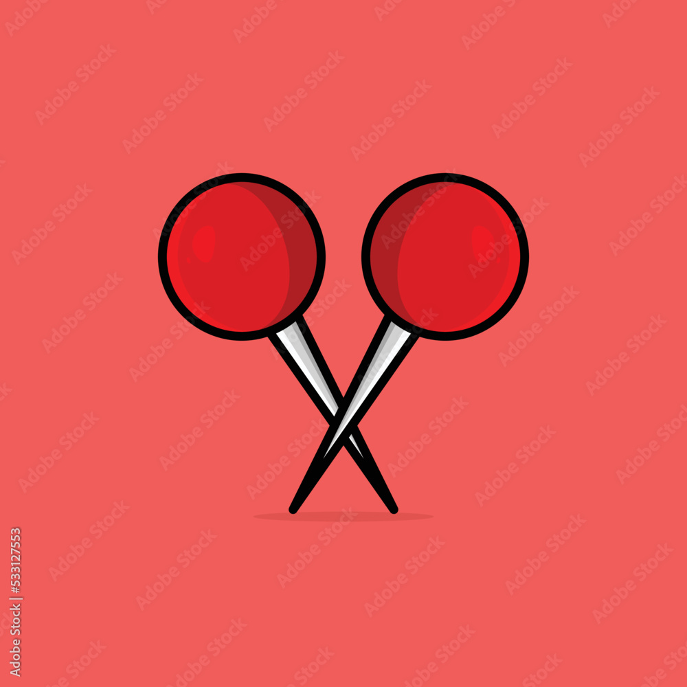Red combination cartoonish thumbtack pin isolated on a red background ...