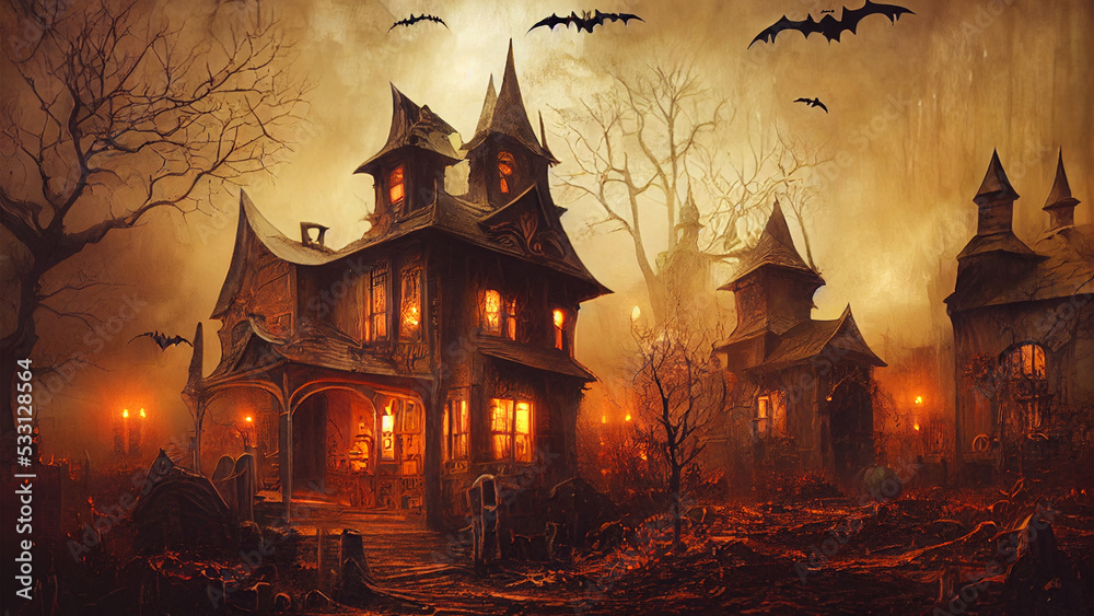 Halloween spooky haunted house background, digital illustration Stock ...
