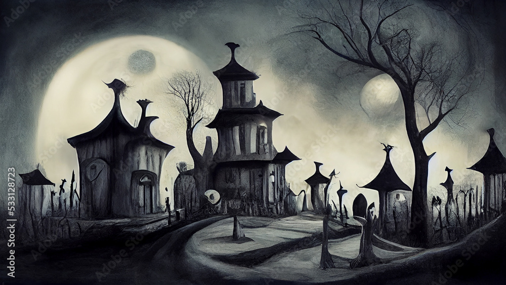 Halloween spooky haunted town background, digital illustration Stock ...
