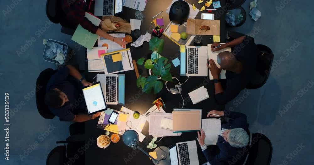 Logistics, team and business meeting at night with, KPI digital data ...