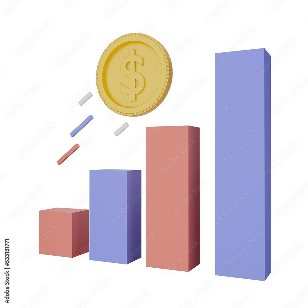 Money bar chart with coins up 3d render symbol vector icon set. Credit ...