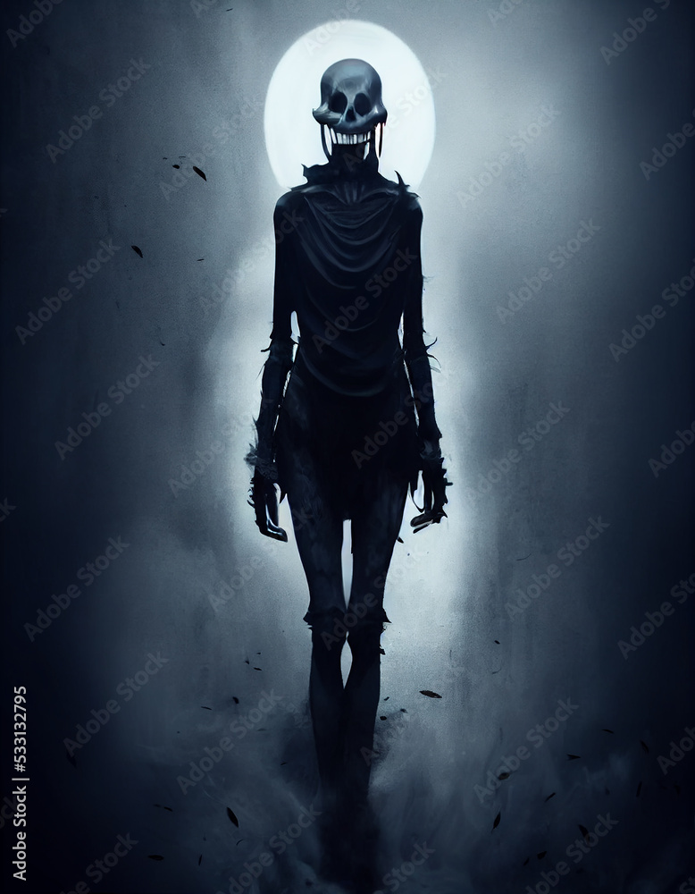 Tall Thin Witch Woman in Bizarre Skull Mask and Black Dress 3D Concept ...