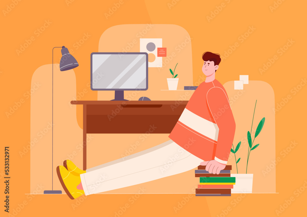 Office sport workout vector illustration. Cartoon young tiny worker ...