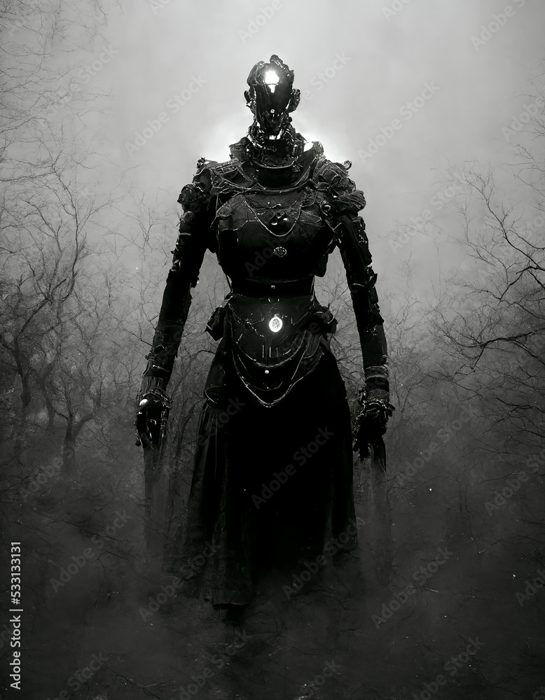 Dark Fantasy Mystical Warrior in Armored Cloak 3D Conceptual Art Illustration. Vertical Portrait ...
