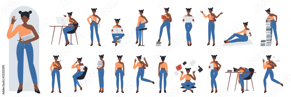 Cartoon actions and gestures of young female character standing sitting ...