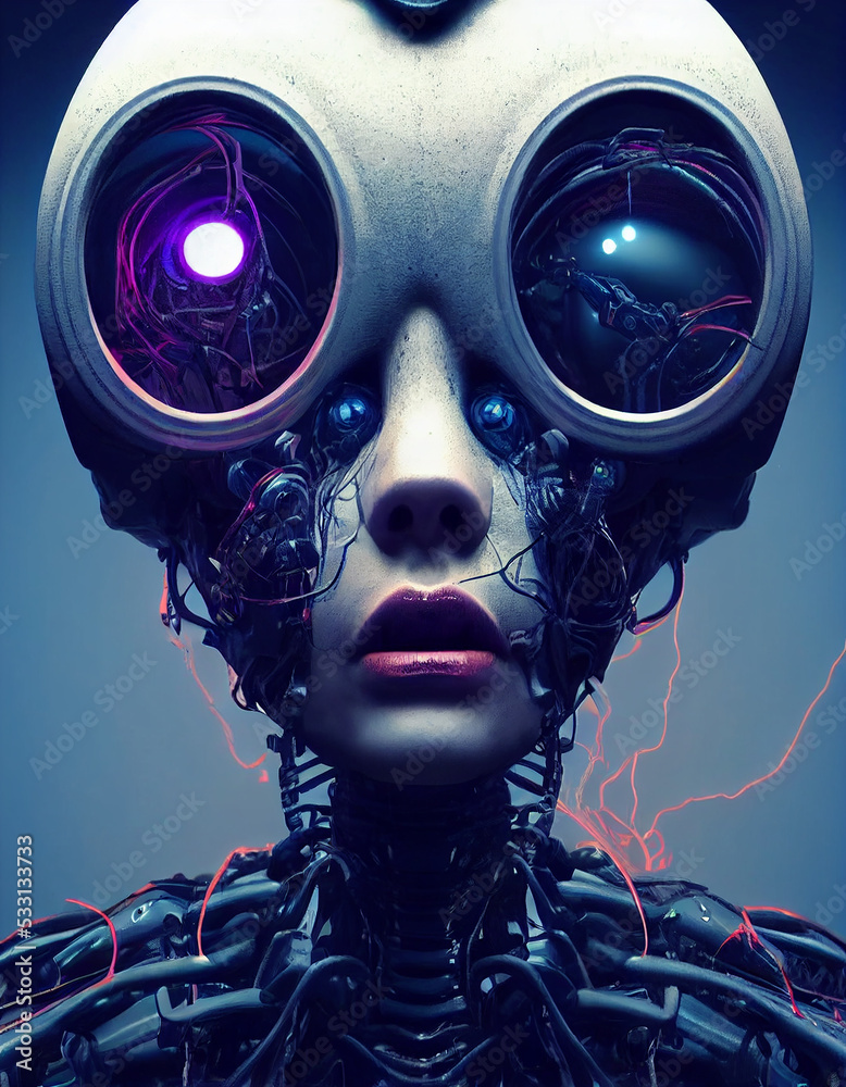 Cyberpunk Anthropomorphic Robot Woman Face Mechanism 3D Concept Art ...