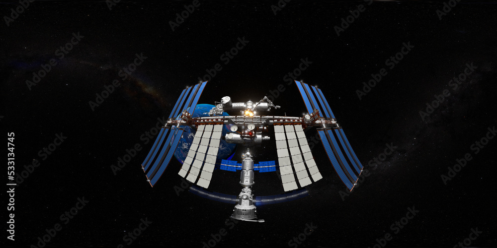 360 degree space background with International Space Station (ISS) near ...