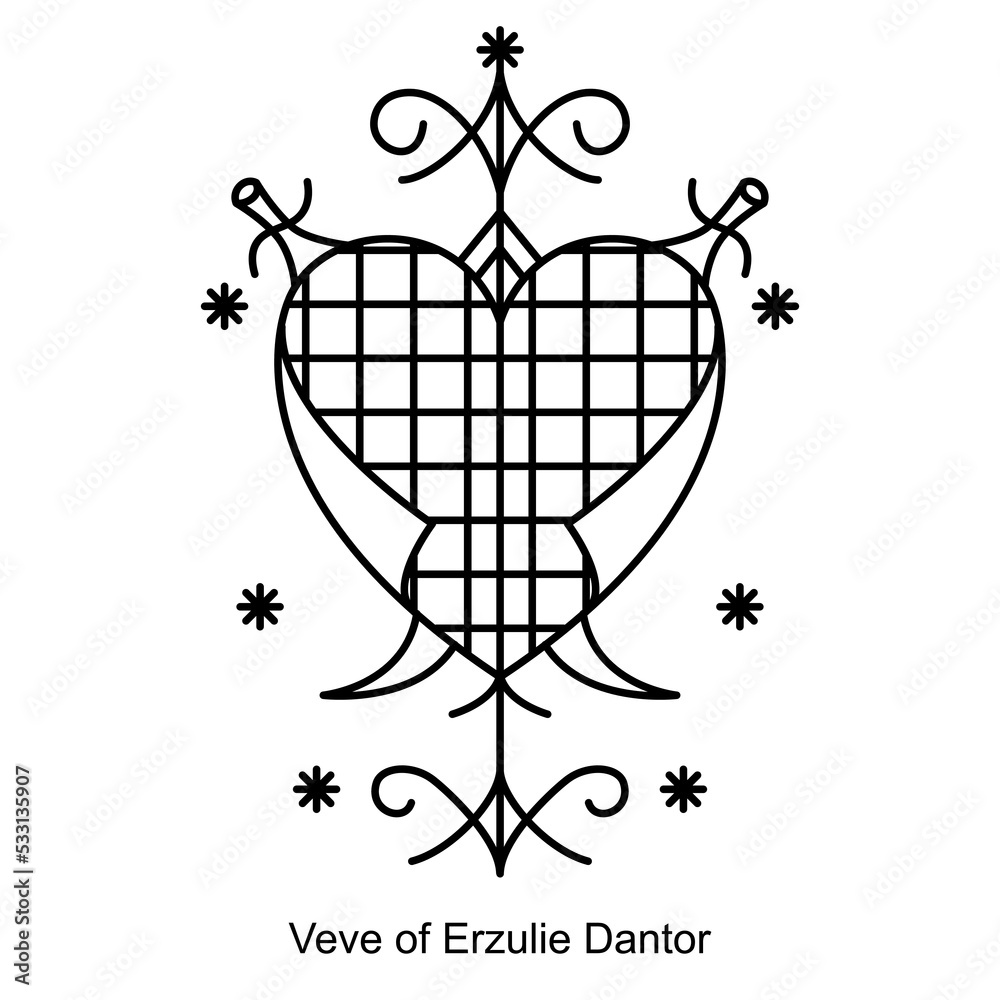 Veve of Erzulie Dantor. Voodoo religious symbol. Transparent black icon ...