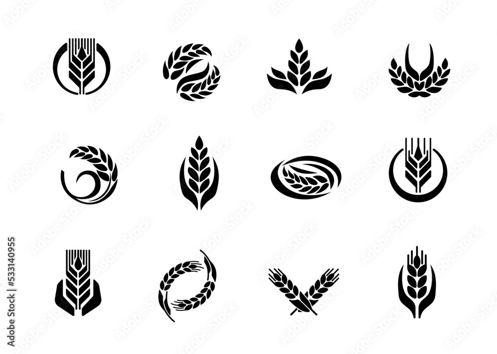 Vetor de Set of Wheat and grain frame icons. Line whole grain symbol ...