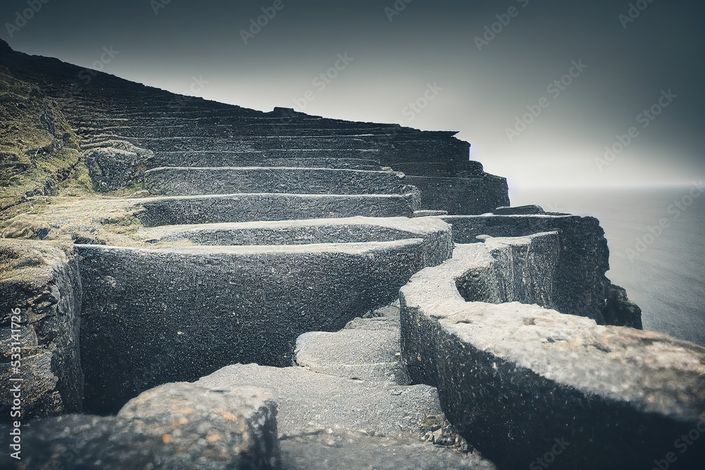 stone stairs leading down a giant rock cliff Stock Illustration | Adobe ...