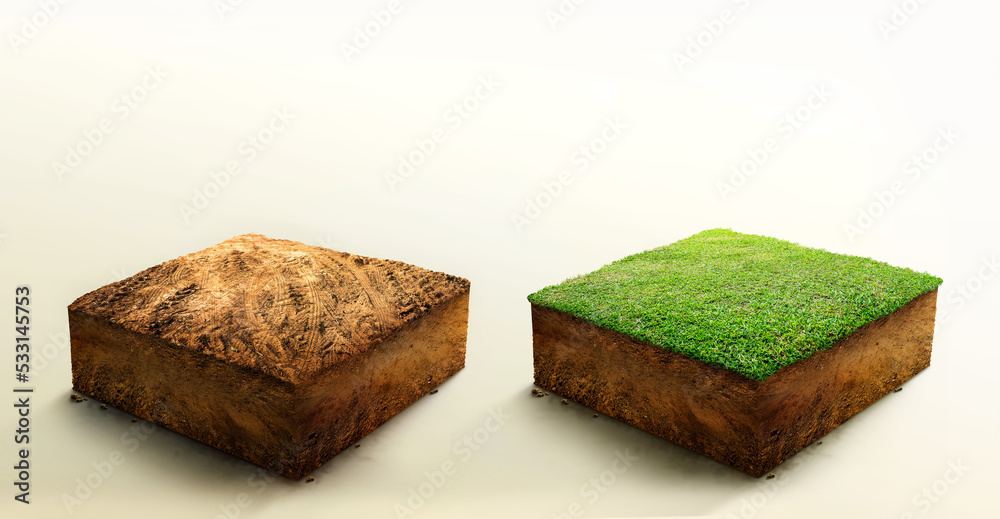 Collection, cubical soil ground cross section with earth land and green ...