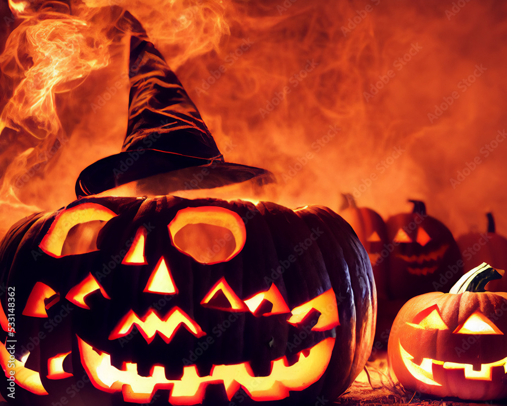 Halloween horror scene with hellfire and orange demonic pumpkins, night ...