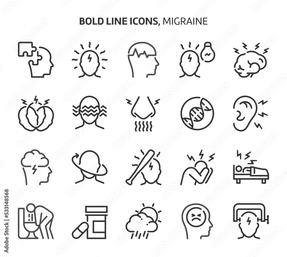 Migraine, bold line icons. The illustrations are a vector, editable ...
