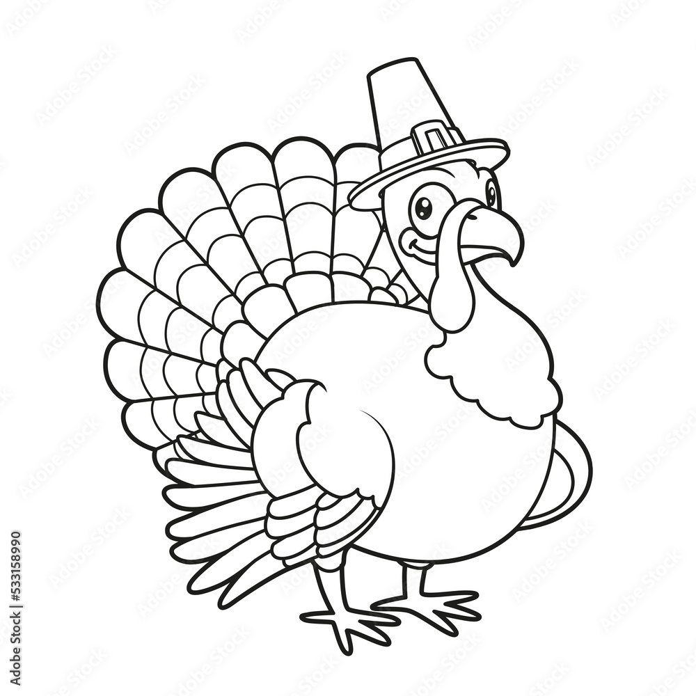 Cute cartoon turkey wearing a pilgrim hat outlined for coloring page on ...