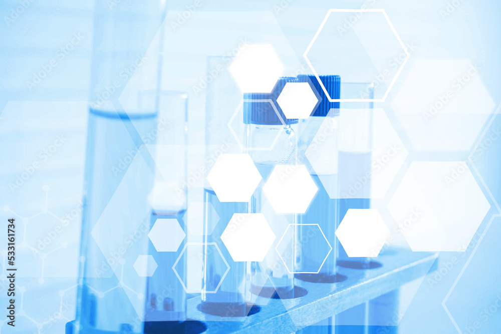 Abstract blue science background hexagons design with test tube ...