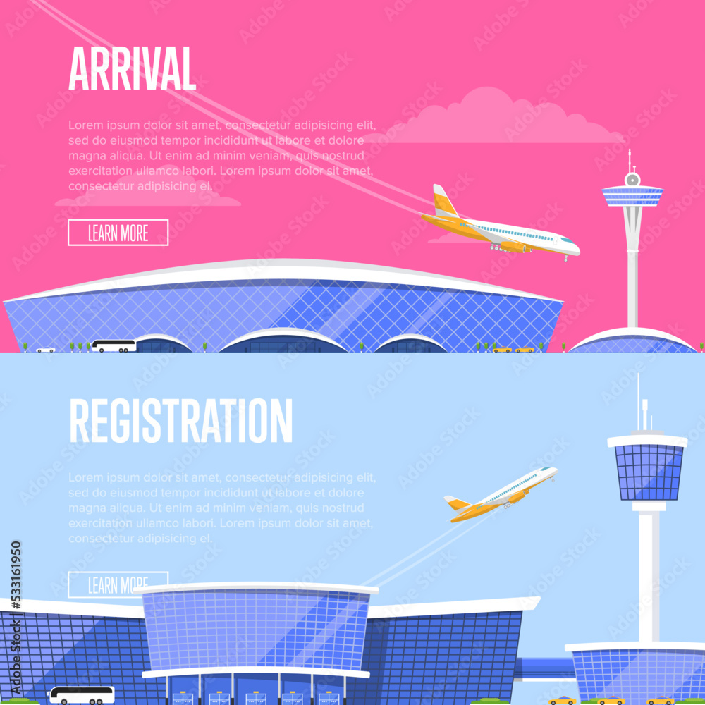 Airplane arrival and airport registration flyers. International airline ...