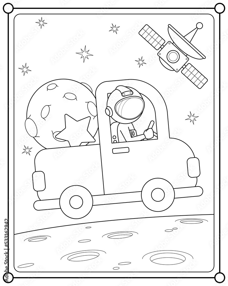 Astronaut driving a car in space suitable for children's coloring page ...