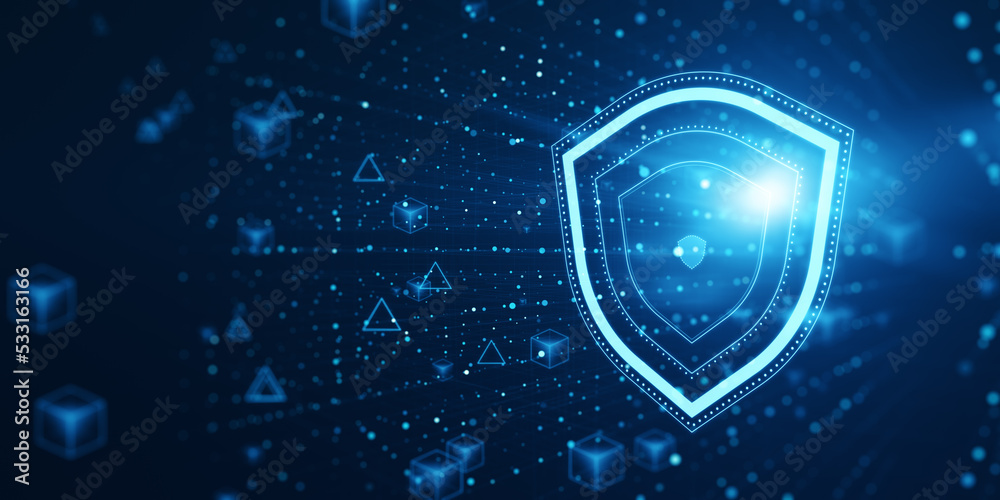 Creative wide perspective glowing shield hologram on blue background ...