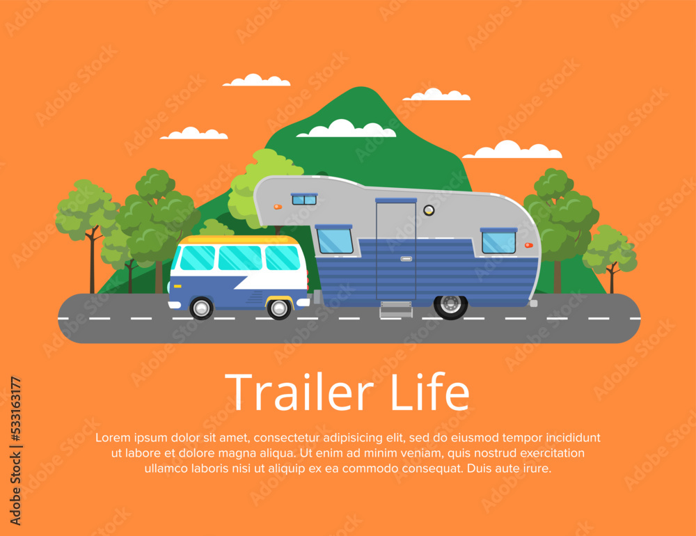 Trailer life poster with camping trailer on highway. Side view car RV ...