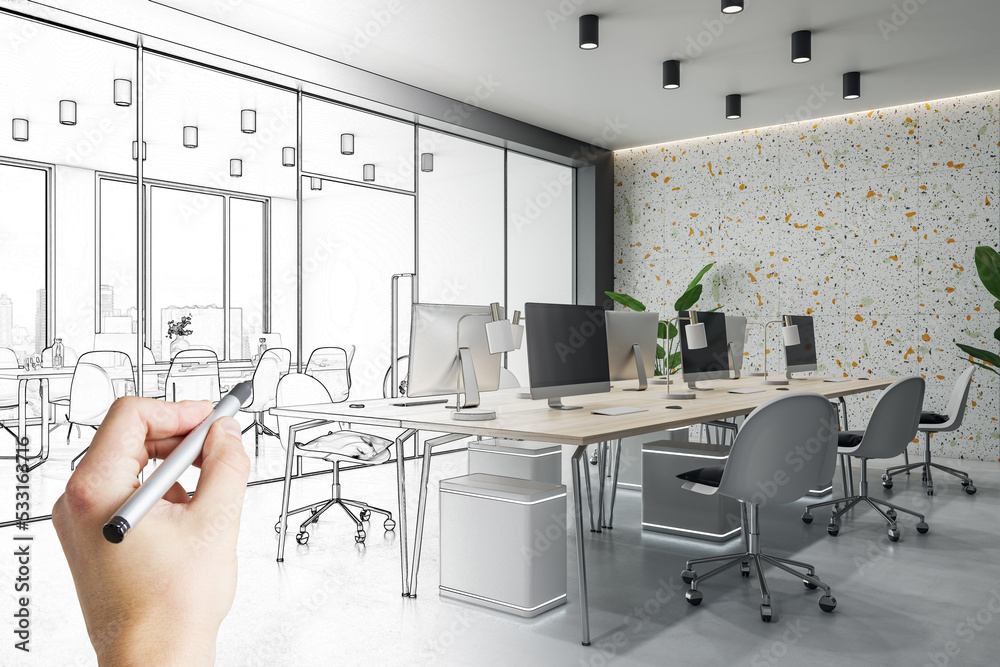 Stylish open space office design project development with multi colored ...