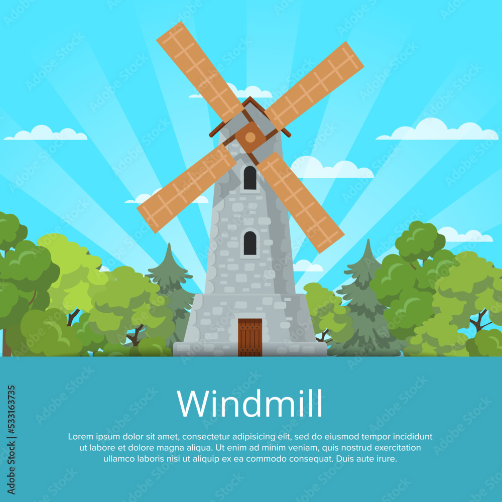 Traditional old windmill building on nature background. Medieval ...
