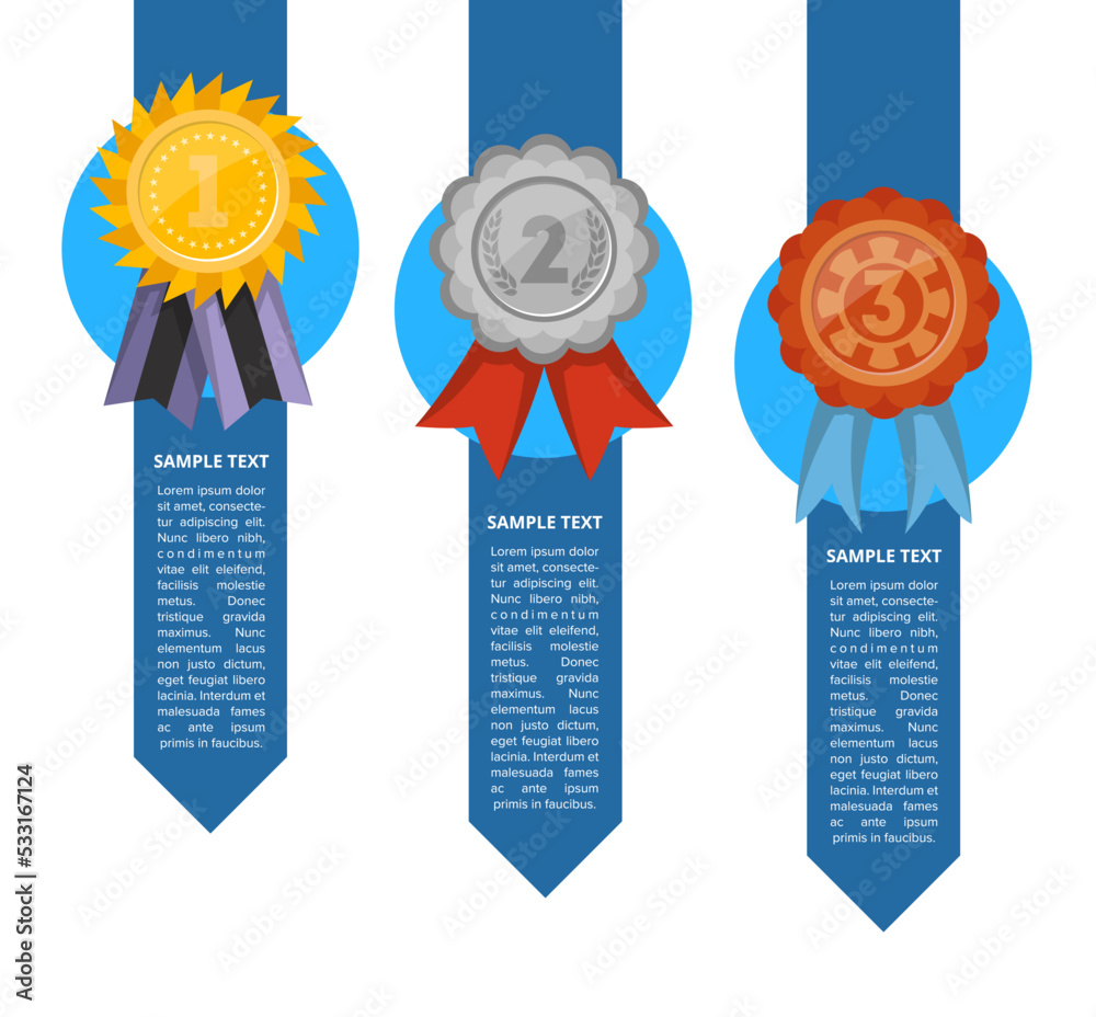 Golden, silver and bronze medals with ribbons. Championship awards ...