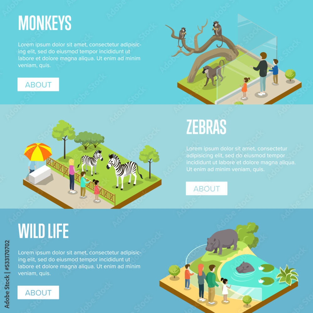 Public zoo with wild animals and visitors isometric posters. People ...