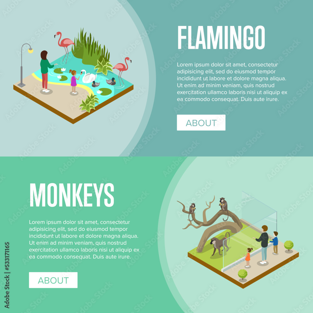 Public zoo with wild animals and visitors isometric posters. People ...