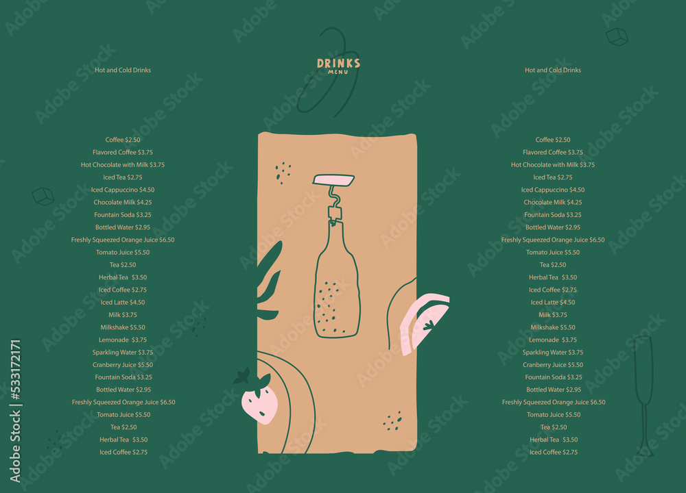 Drinks menu design. Champagne, rose wine. Vector editable layout ...