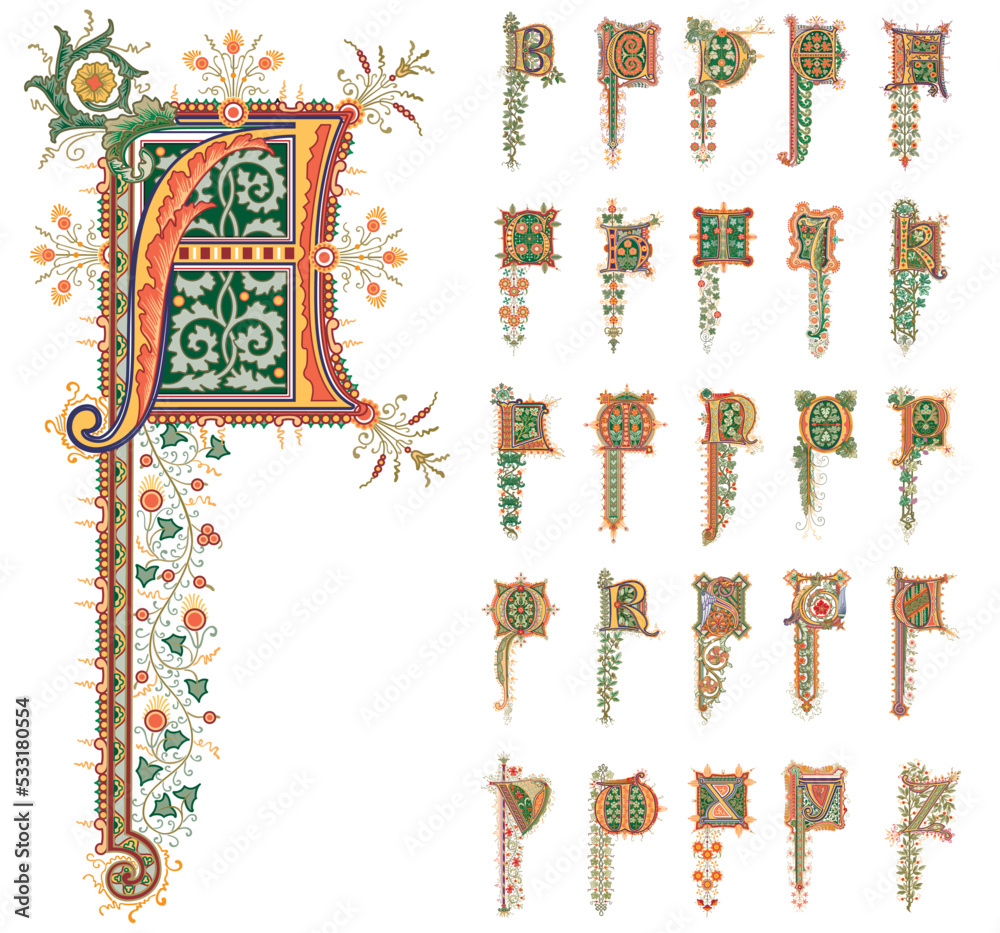 Fabulous ornamental capital letters. Colorful alphabet, vintage font ...