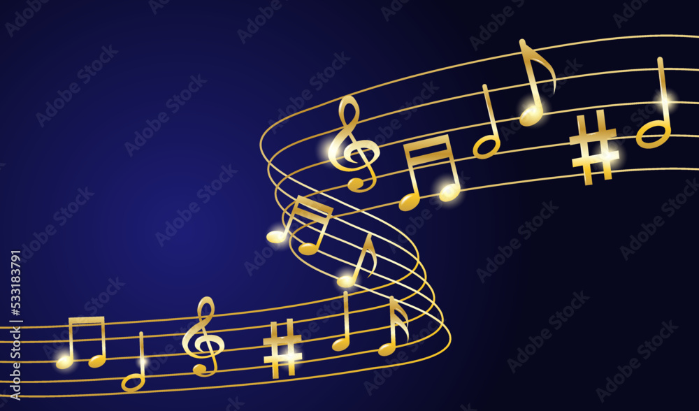 Music notes melody background. Gold notes symbols on dark blue ...