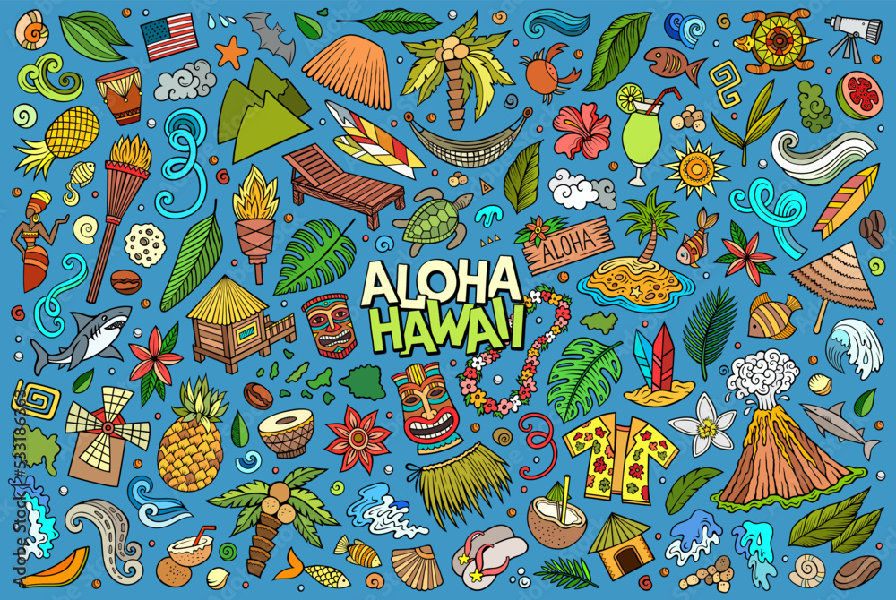 Colorful vector doodle cartoon set of Hawaii objects and symbols Stock ...