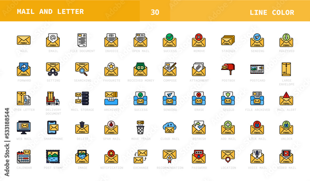Mail and Letter icon filled line color style. Set of mail, email ...