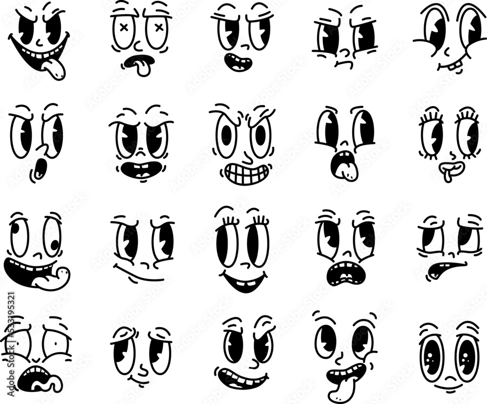 Comic mascot retro characters. Vintage cartoon face, isolated emotions ...
