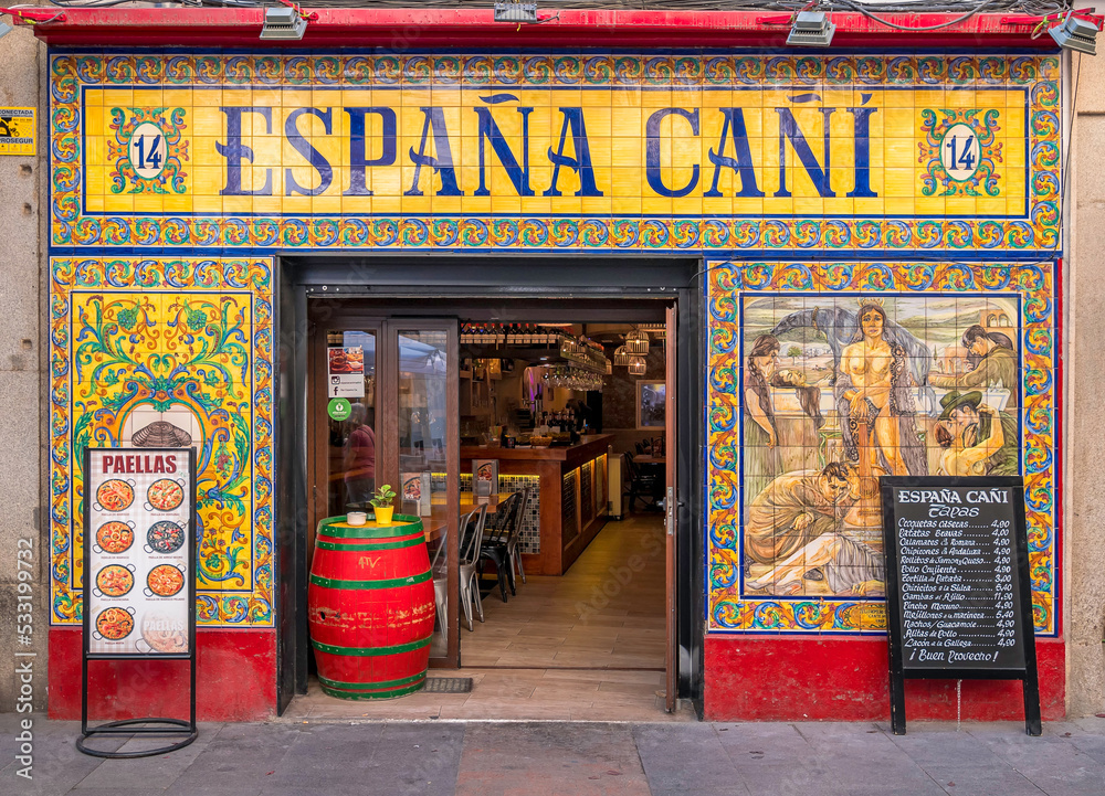 Madrid, Spain. Circa Circa September 2022. Facade of a typical tapas ...