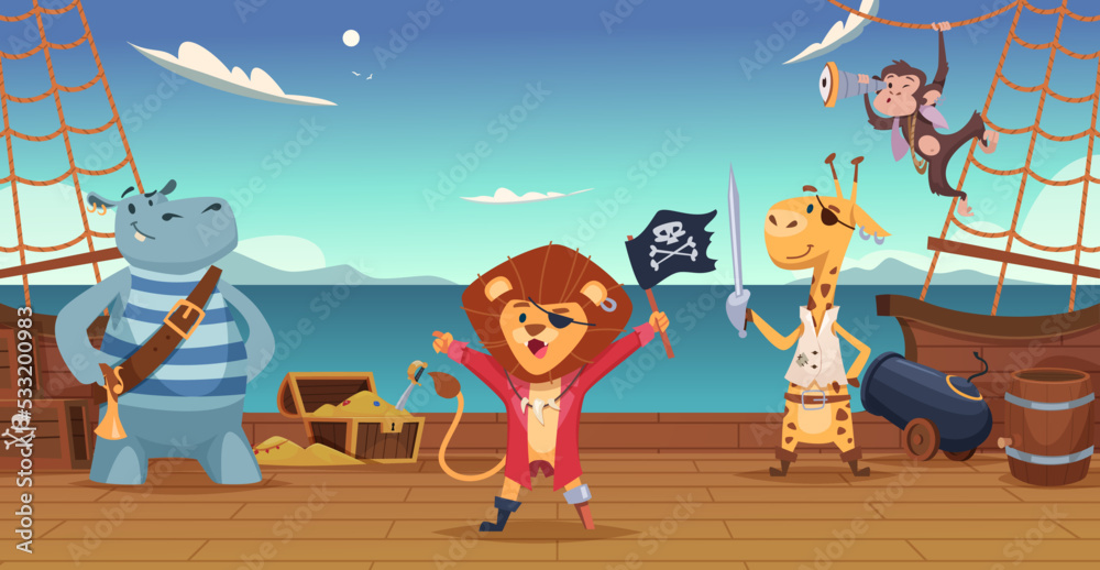 Pirates background. Wild animals in pirate costumes on island with ...