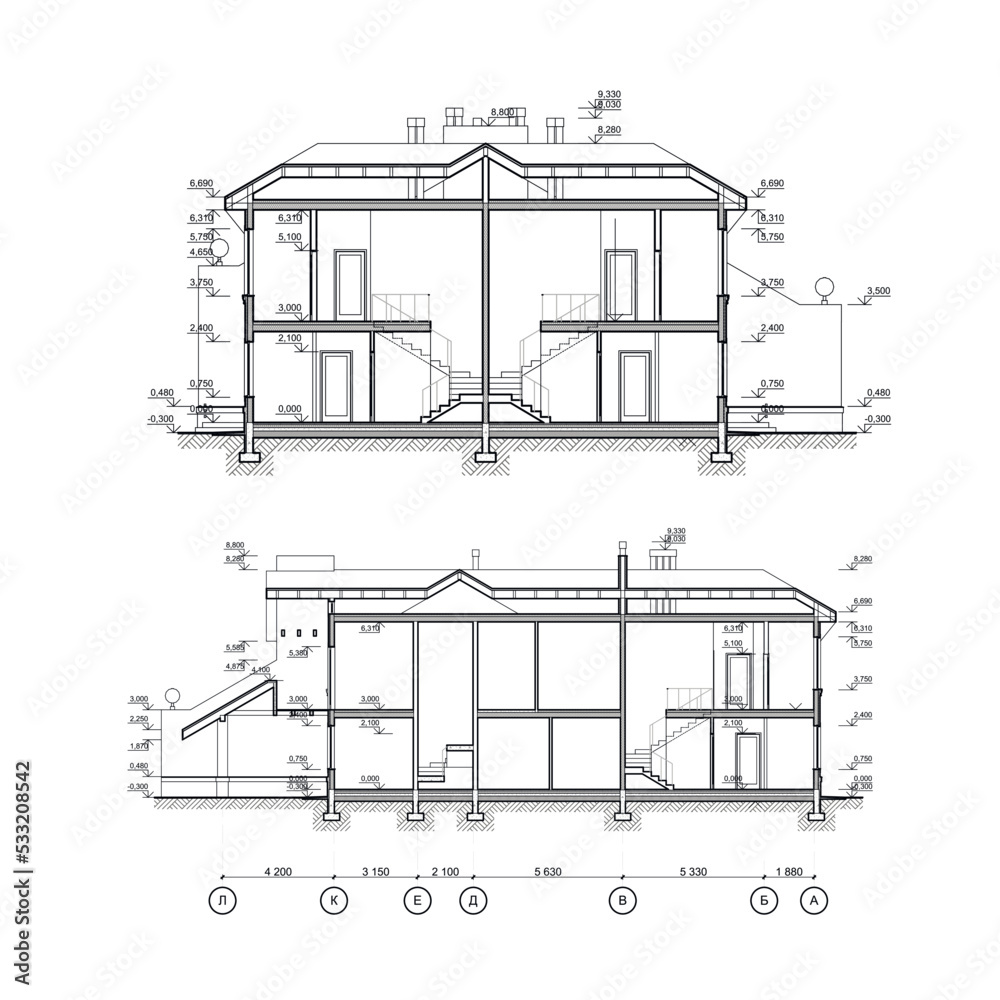 Two story private house section, detailed architectural technical ...