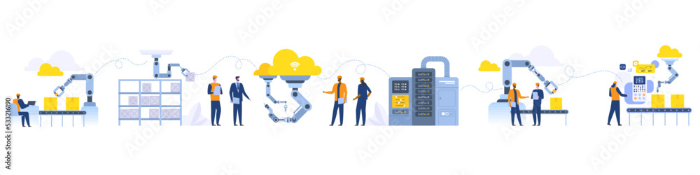 Assembly line with robotic arms and workers Male and female factory ...