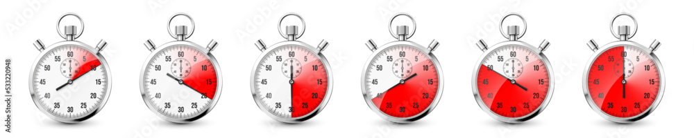 Realistic classic stopwatch icons. Shiny metal chronometer, time ...