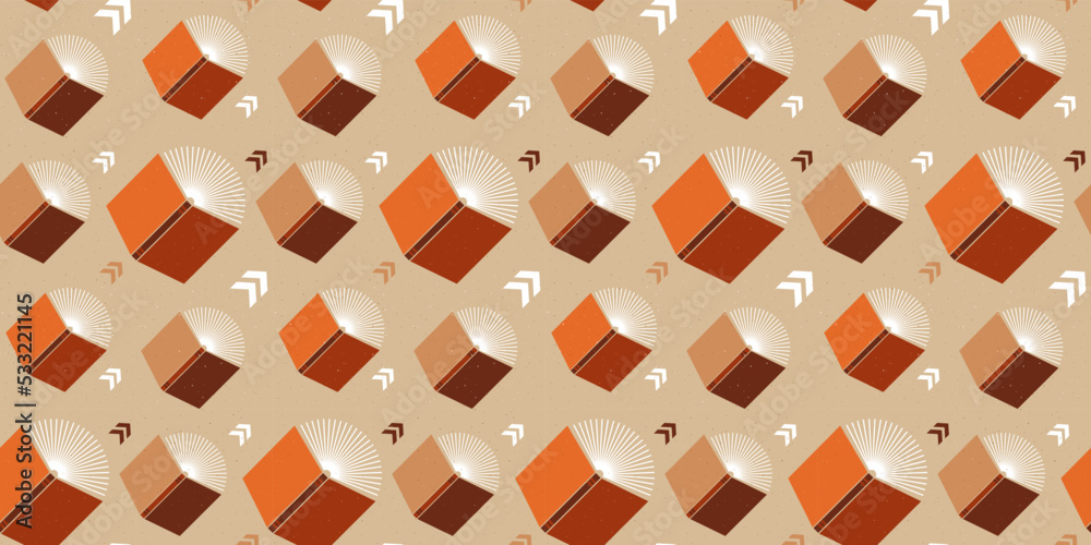 Pattern with open books flying with arrows. Background with textures ...
