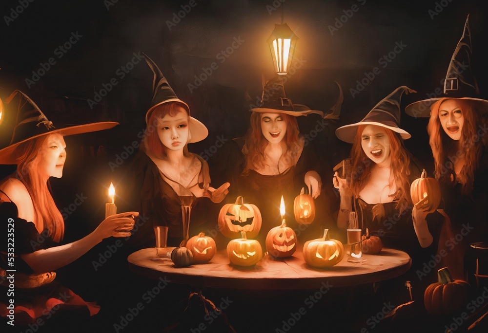Artistic painting concept of Happy Witches meeting by candlelight, celebrate their Halloween ...