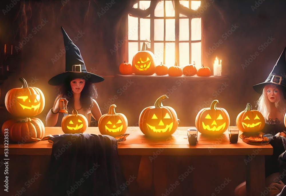 Artistic painting concept of Happy Witches meeting by candlelight ...